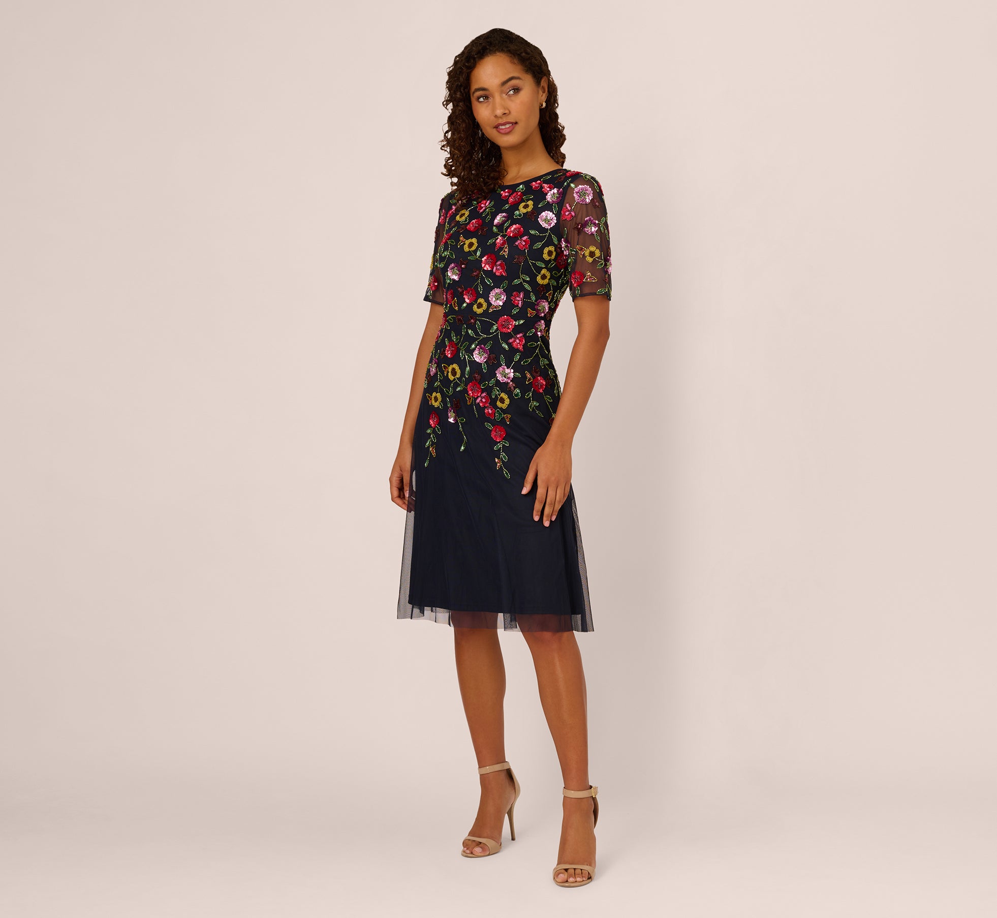 ADRIANNA PAPELL Short Sleeve Floral Beaded Midi Dress